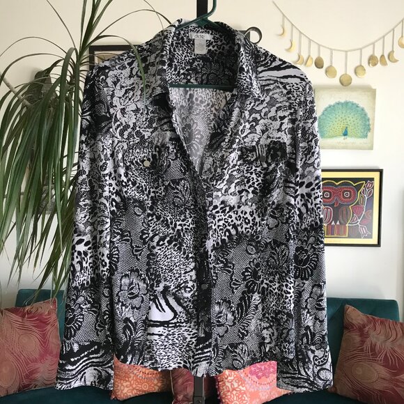 Cache | Tops | Cache Size L Black Gray Lace Animal Print Stretch Jersey ...